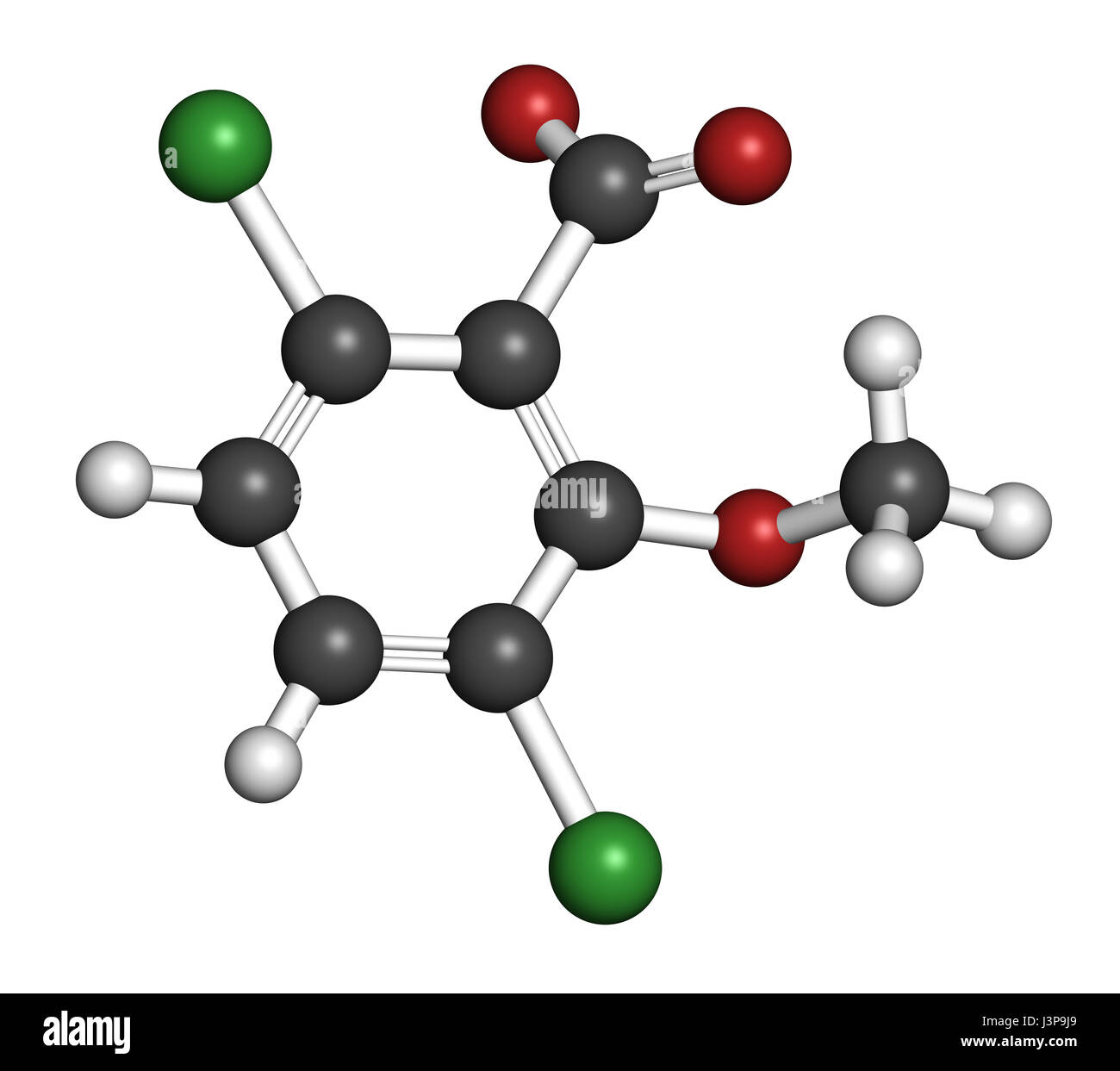 Dicamba herbicide molecule. Used in weed control. Atoms are represented ...