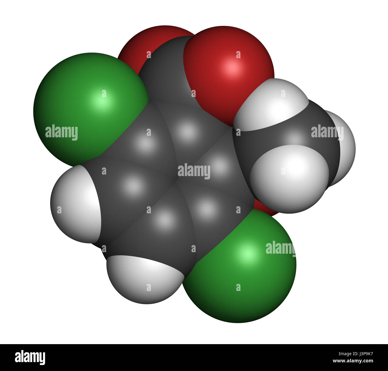 Dicamba herbicide molecule. Used in weed control. Atoms are represented ...
