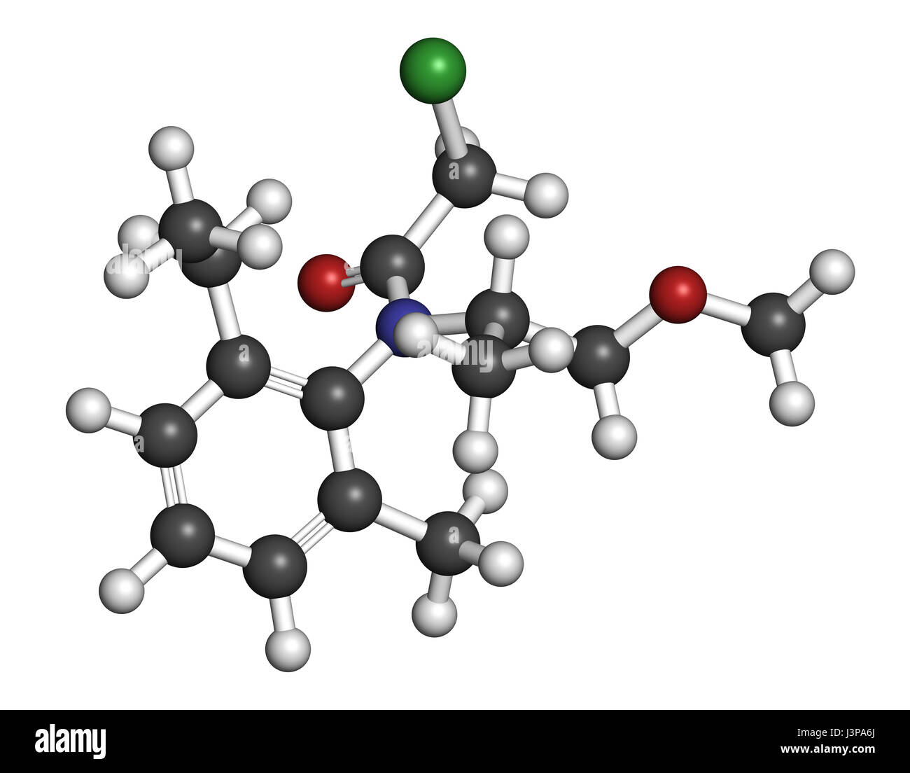 Metolachlor herbicide (weed killer) molecule. Atoms are represented as ...