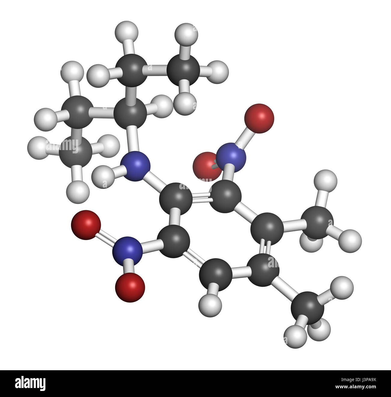 Pendimethalin herbicide molecule. Atoms are represented as spheres with ...