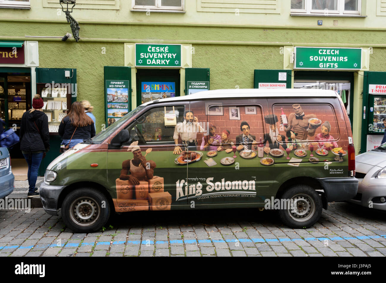Van with funny advertisement of kosher restaurant in the jewish quarter ...