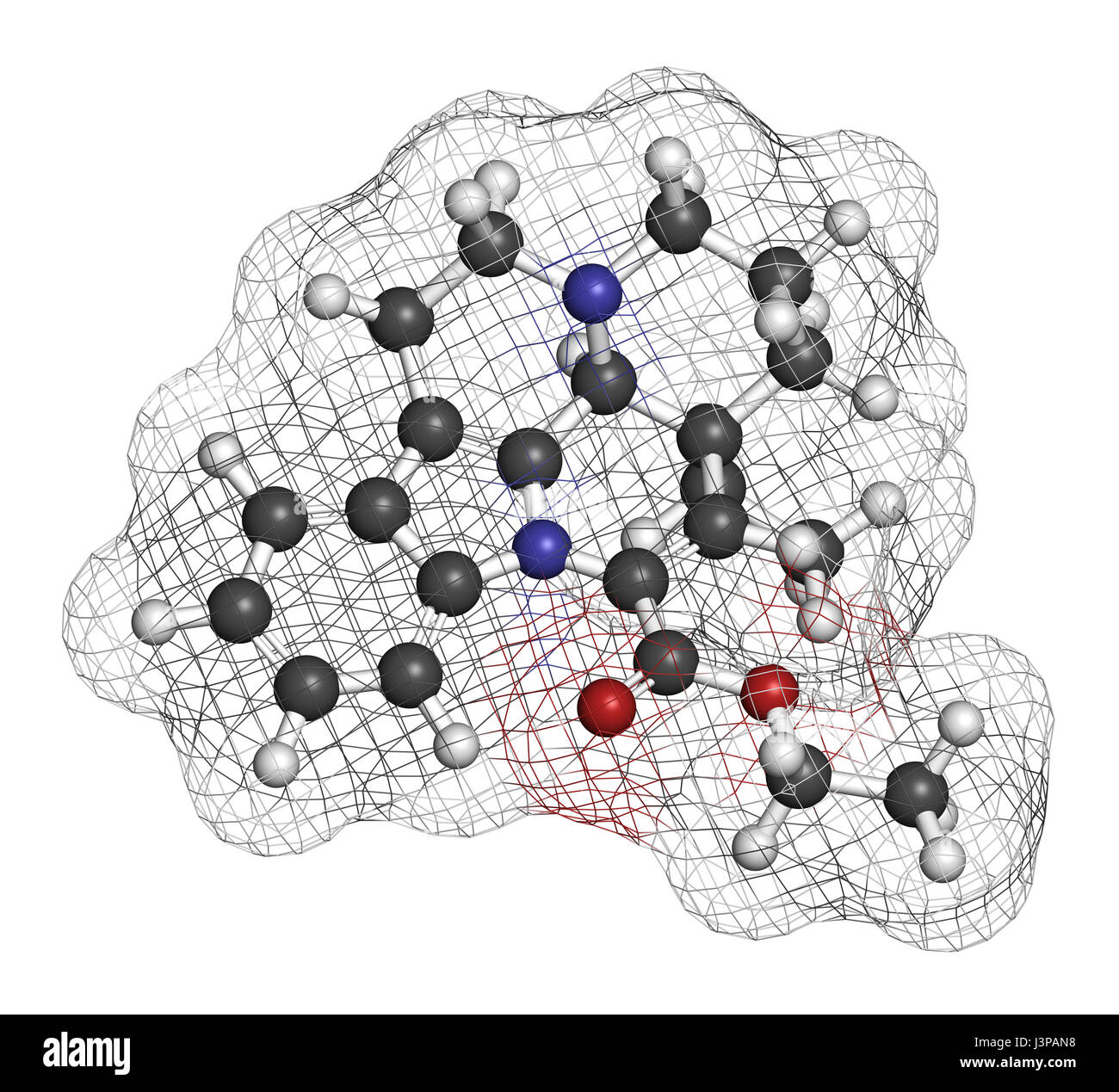 Vinpocetine molecule. Semisynthetic vinca alkaloid derivative, used as ...