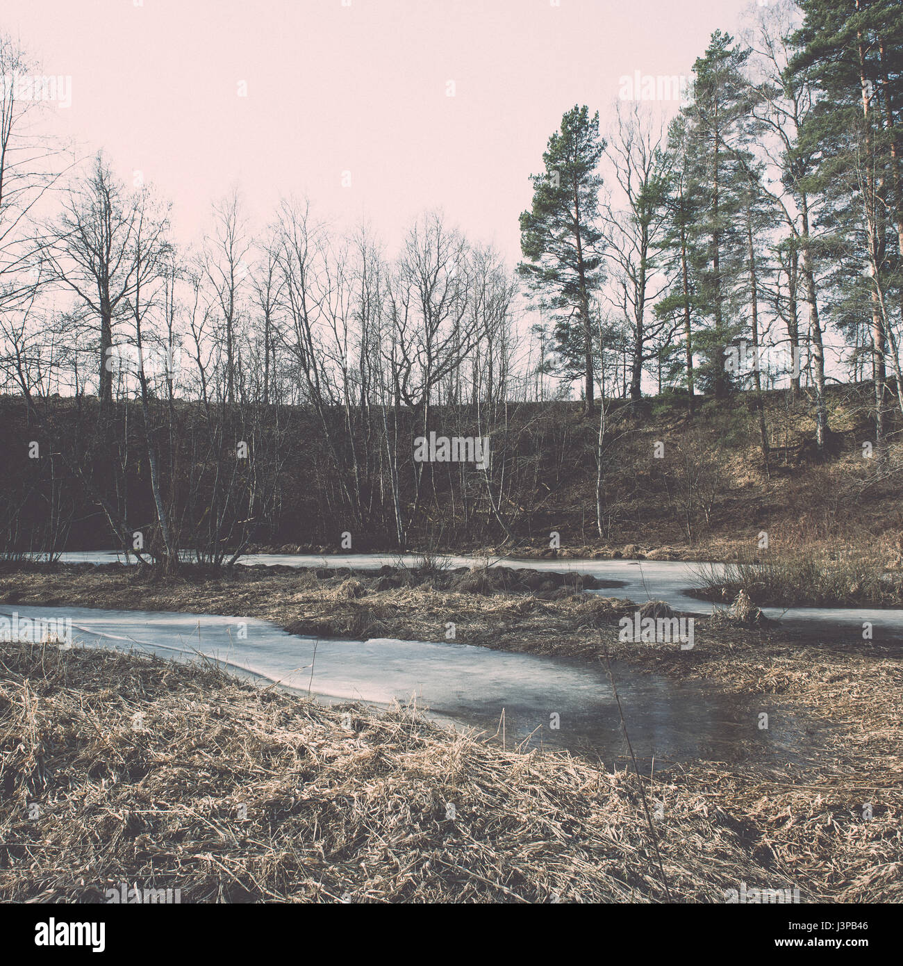 scenic spring colored river in country with trees and reflections ...