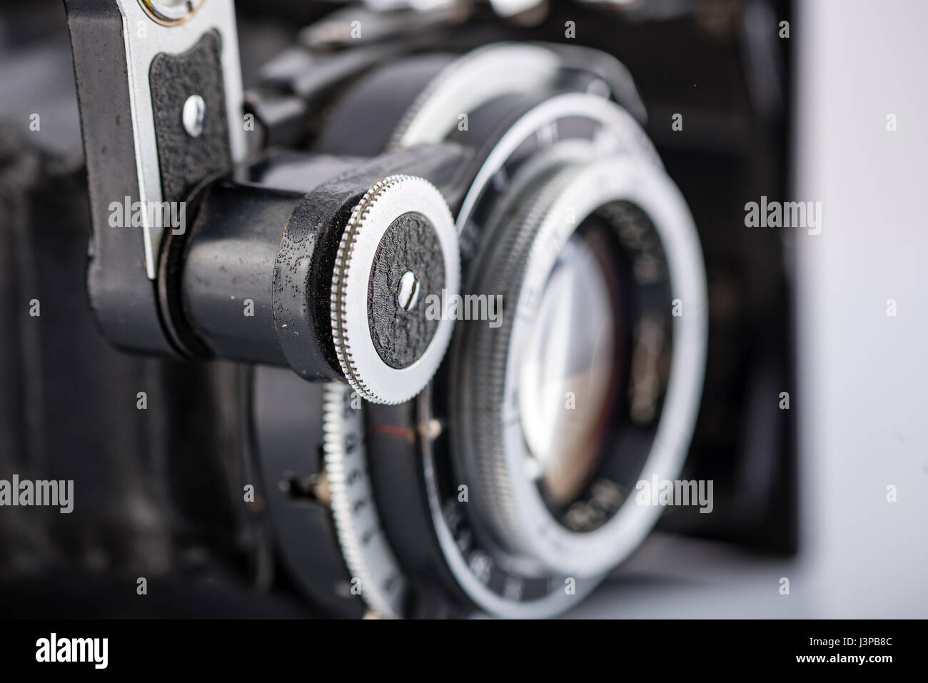 Close up of the shutter knob of old retro camera. Detail of analog film ...