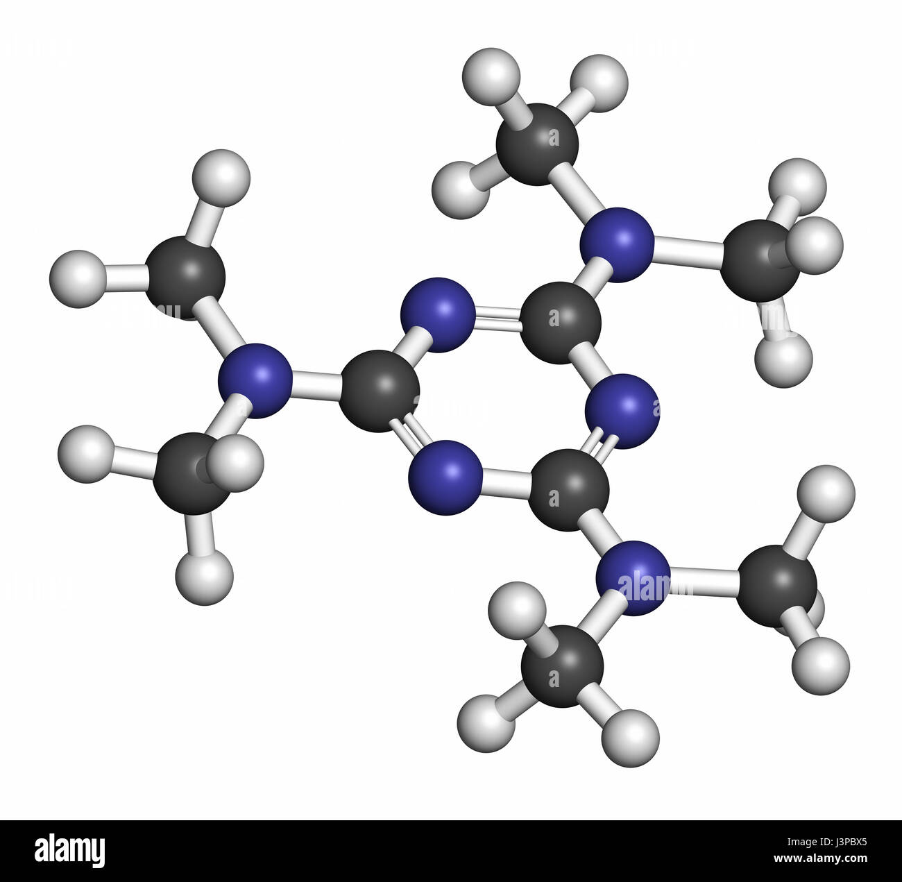 Altretamine cancer drug molecule. Atoms are represented as spheres with ...
