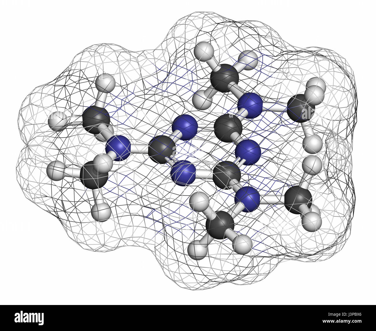 Altretamine cancer drug molecule. Atoms are represented as spheres with ...