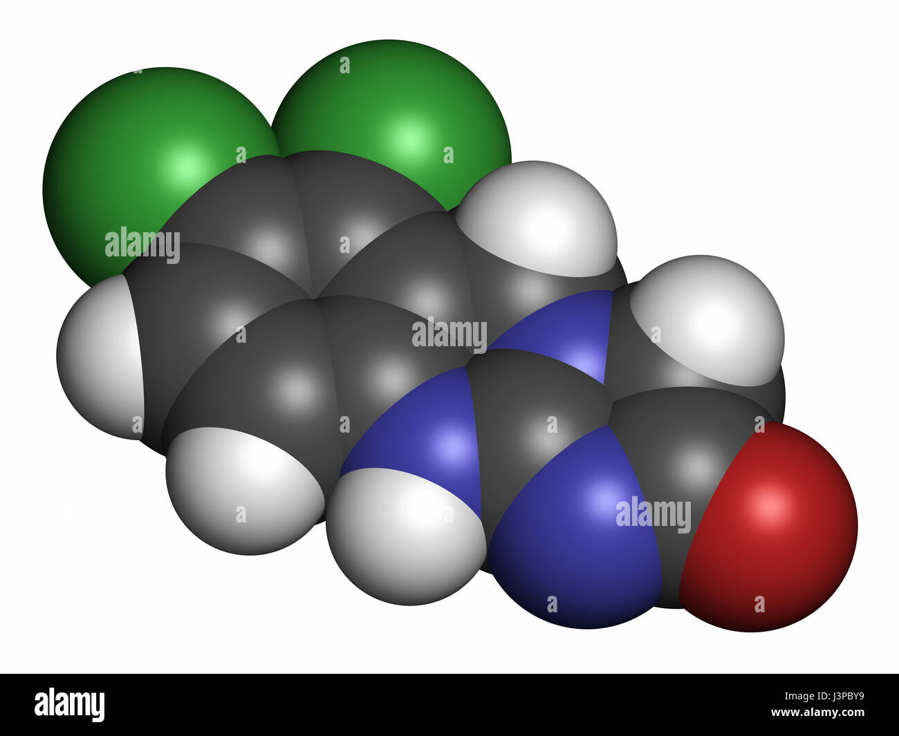 Anagrelide essential thrombocytosis drug molecule. Atoms are ...