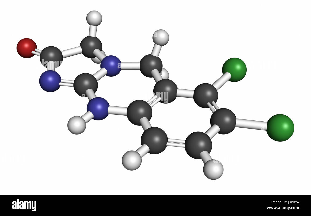 Anagrelide essential thrombocytosis drug molecule. Atoms are ...