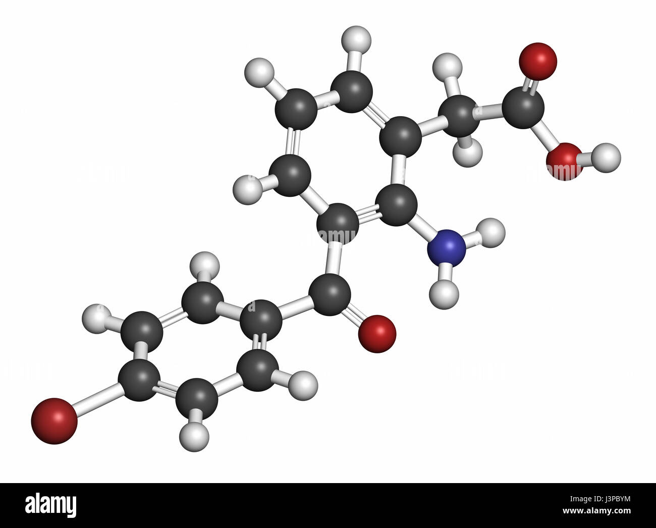 Bromfenac NSAID eye drop drug molecule. Atoms are represented as ...