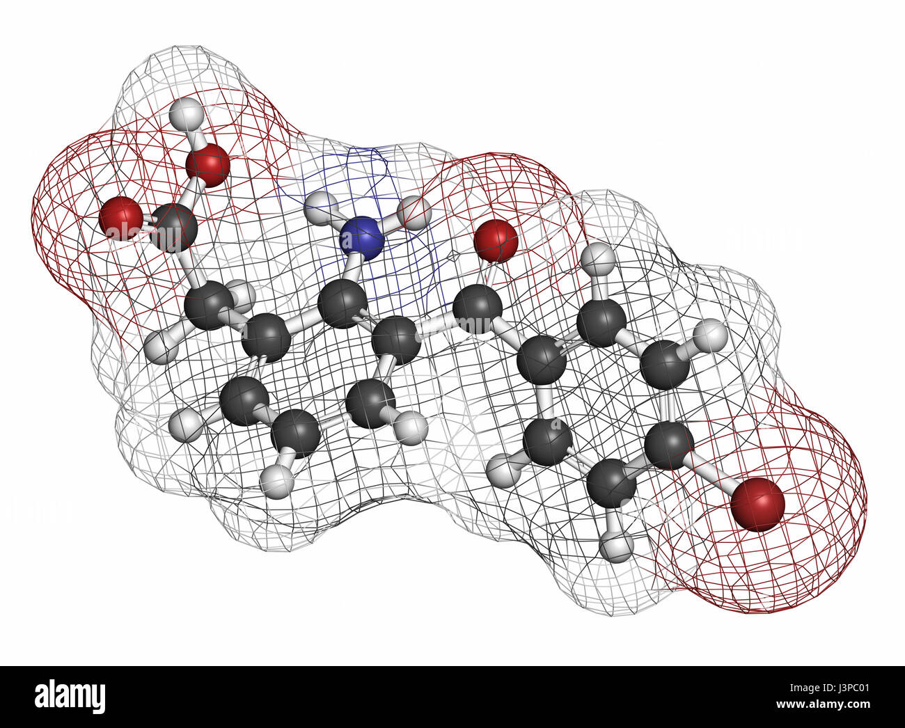 Bromfenac NSAID eye drop drug molecule. Atoms are represented as ...