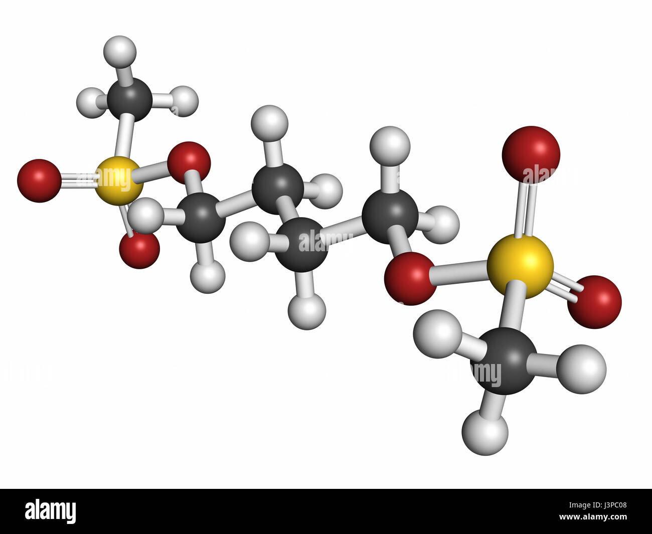 Busulfan cancer chemotherapy drug molecule (alkylating agent). Atoms ...
