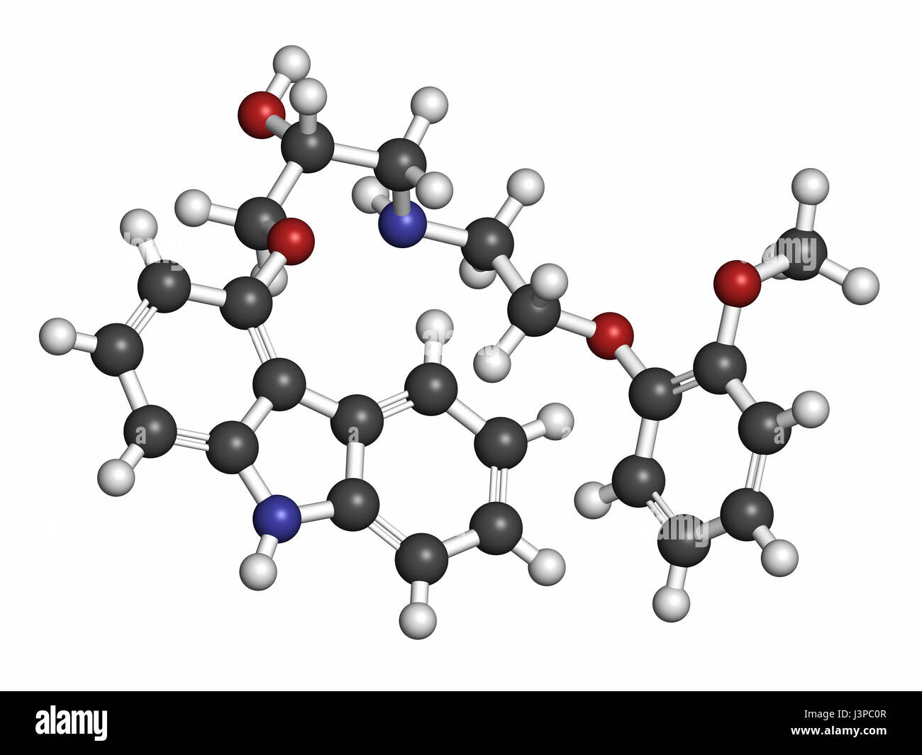 Carvedilol congestive heart failure drug molecule. Atoms are ...
