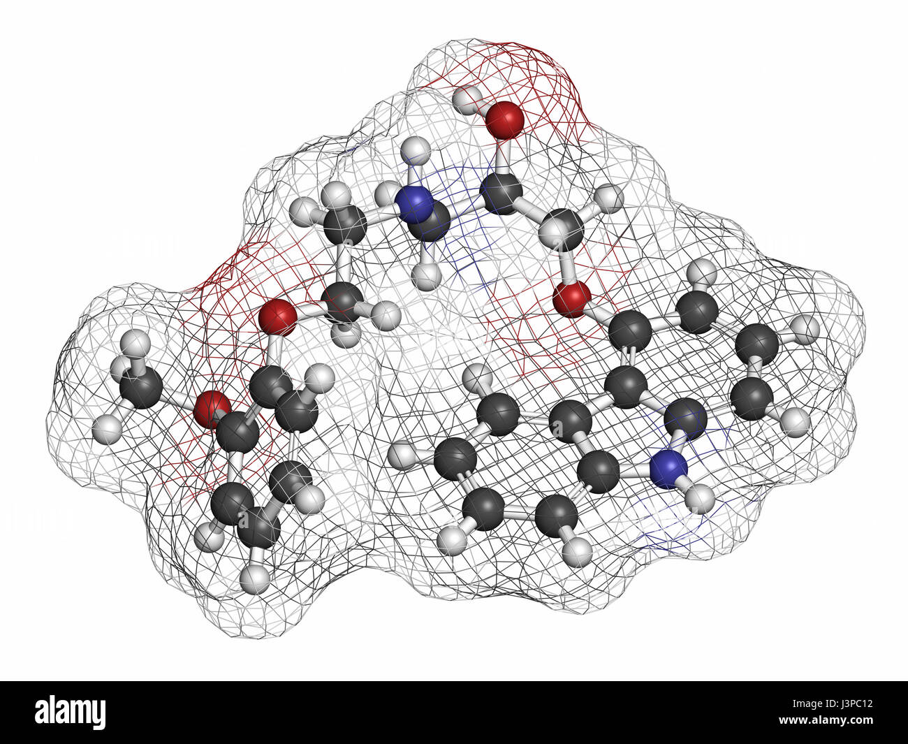 Carvedilol congestive heart failure drug molecule. Atoms are ...