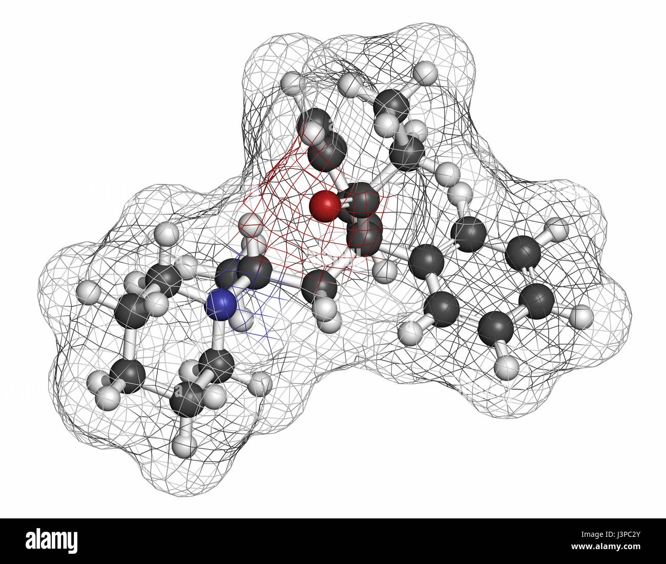 Dipipanone opioid analgesic drug molecule. Atoms are represented as ...