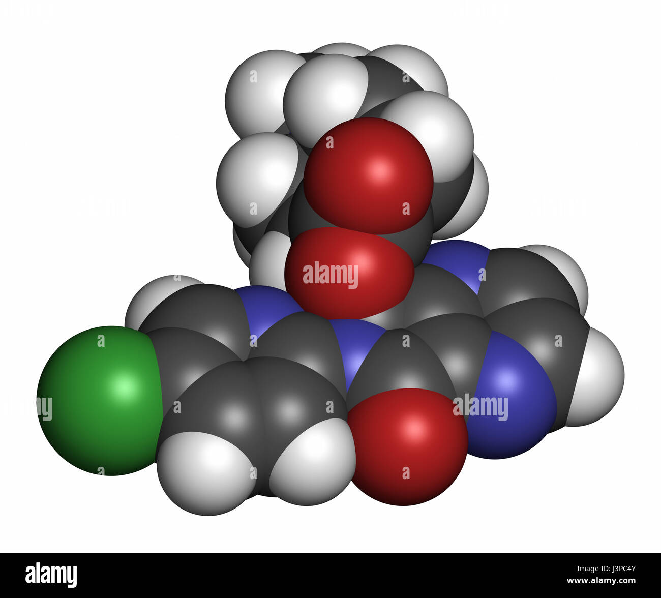 Eszopiclone hypnotic drug molecule (sleeping pill). Atoms are ...