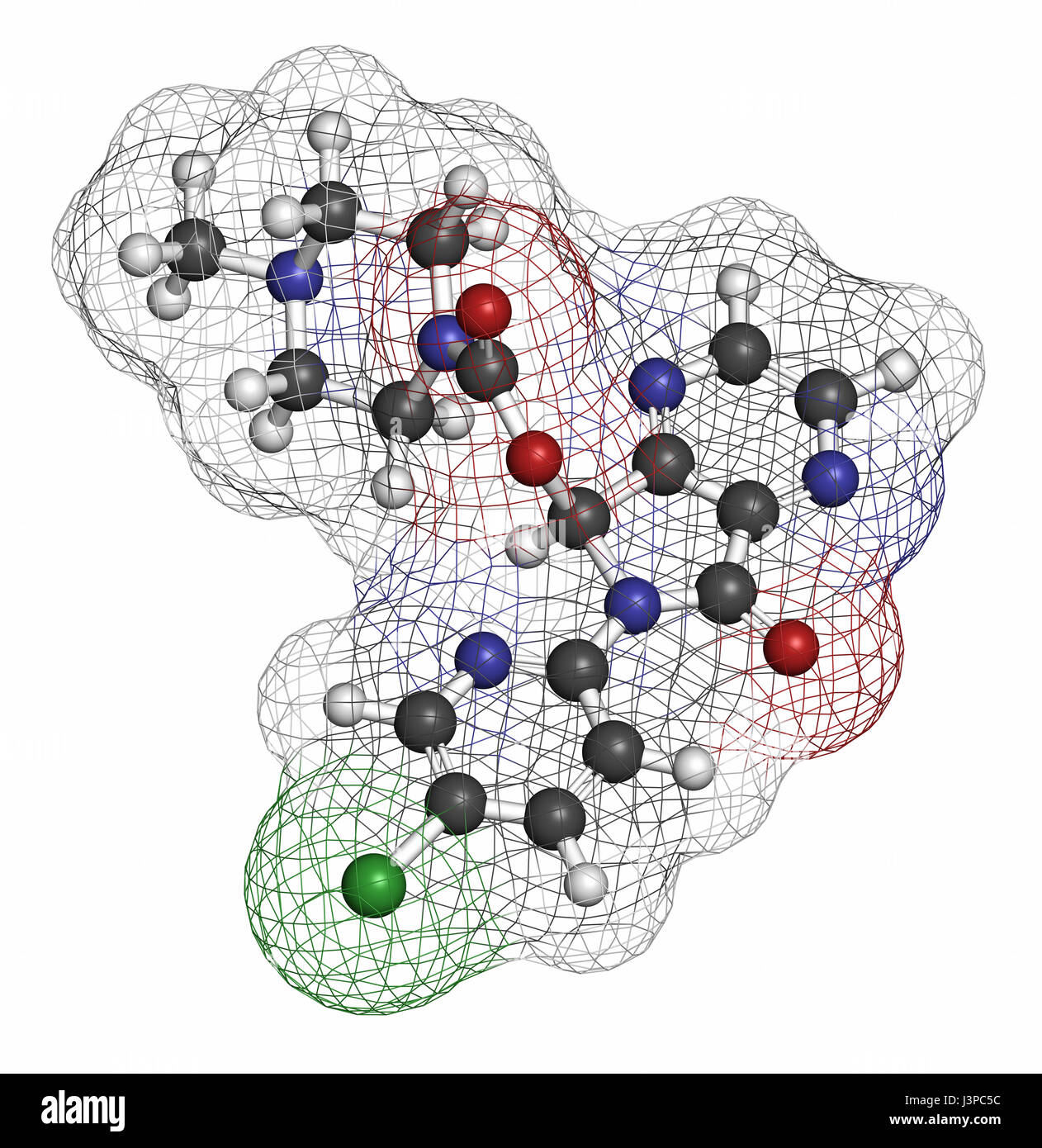 Eszopiclone hypnotic drug molecule (sleeping pill). Atoms are ...