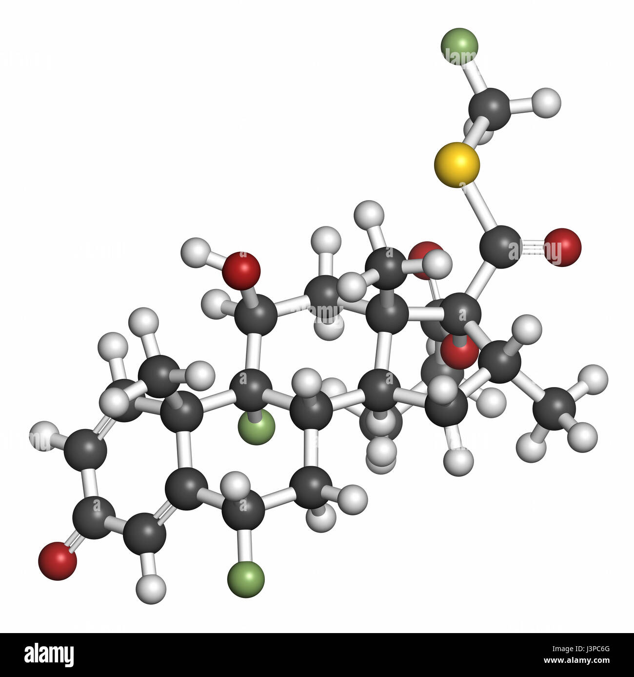 Fluticasone corticosteroid drug molecule. Atoms are represented as ...