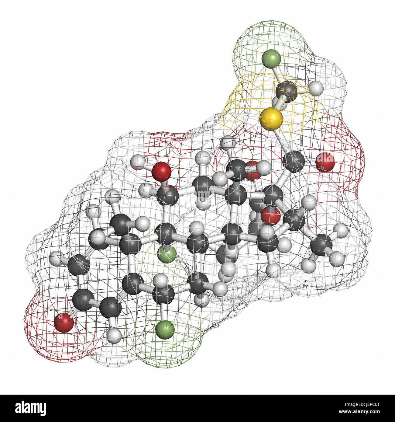 Fluticasone corticosteroid drug molecule. Atoms are represented as ...