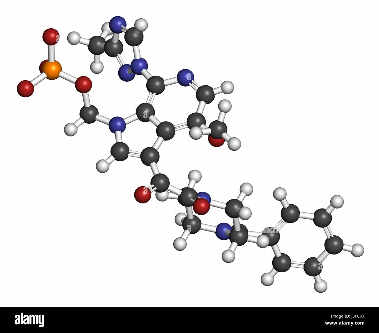 Fostemsavir HIV virus drug molecule. Atoms are represented as spheres ...