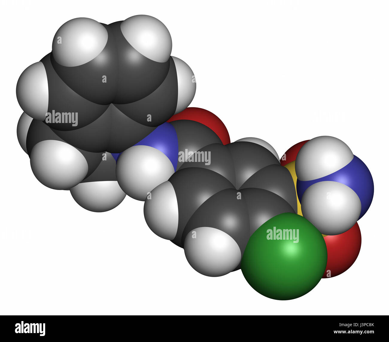 Indapamide hypertension drug molecule (diuretic). Atoms are represented ...