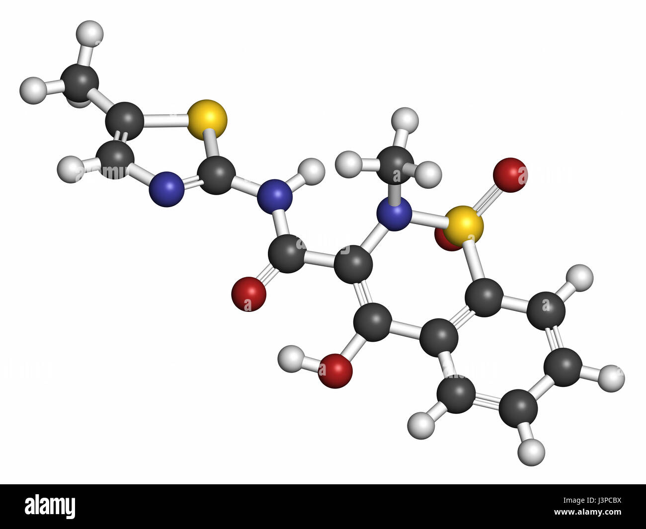 Meloxicam NSAID drug molecule. Atoms are represented as spheres with ...