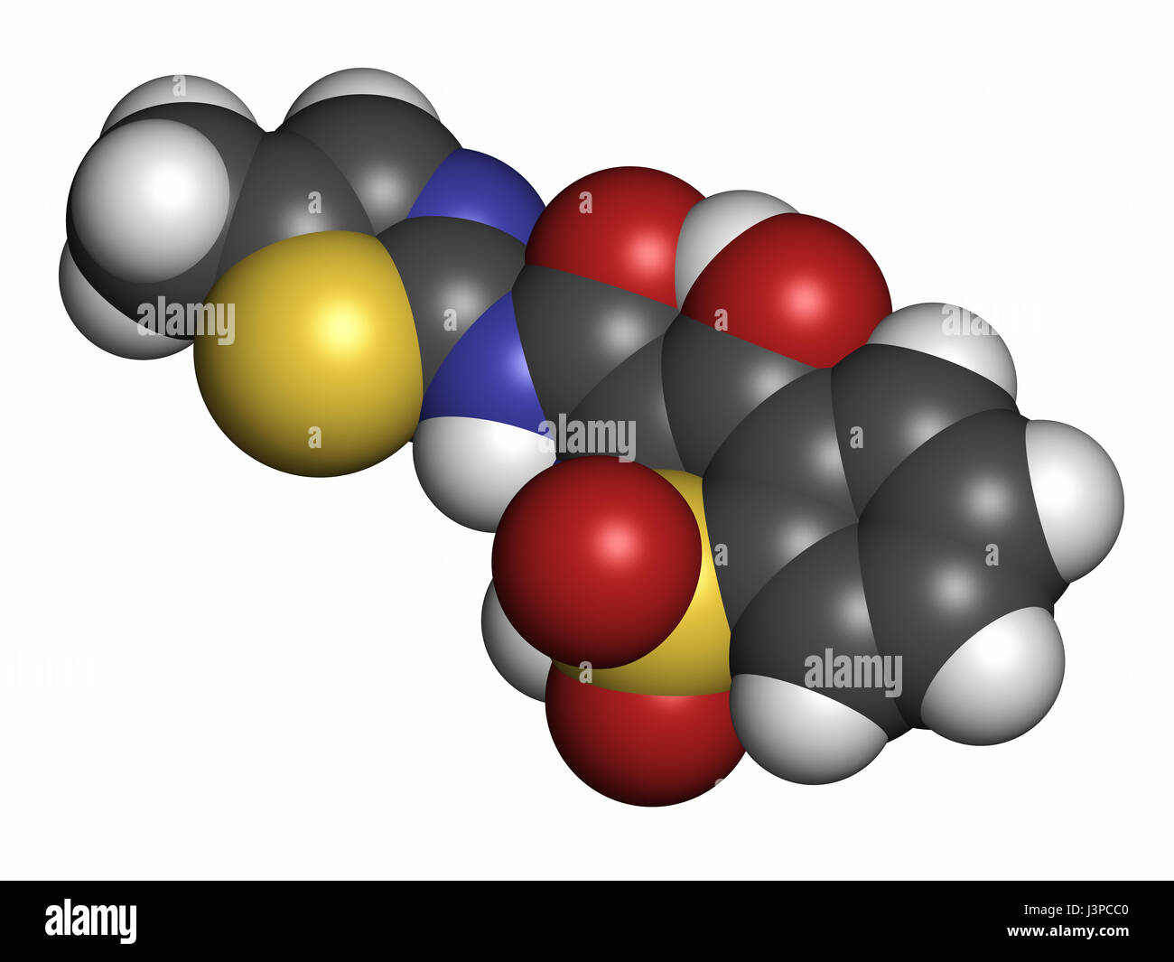 Meloxicam NSAID drug molecule. Atoms are represented as spheres with ...