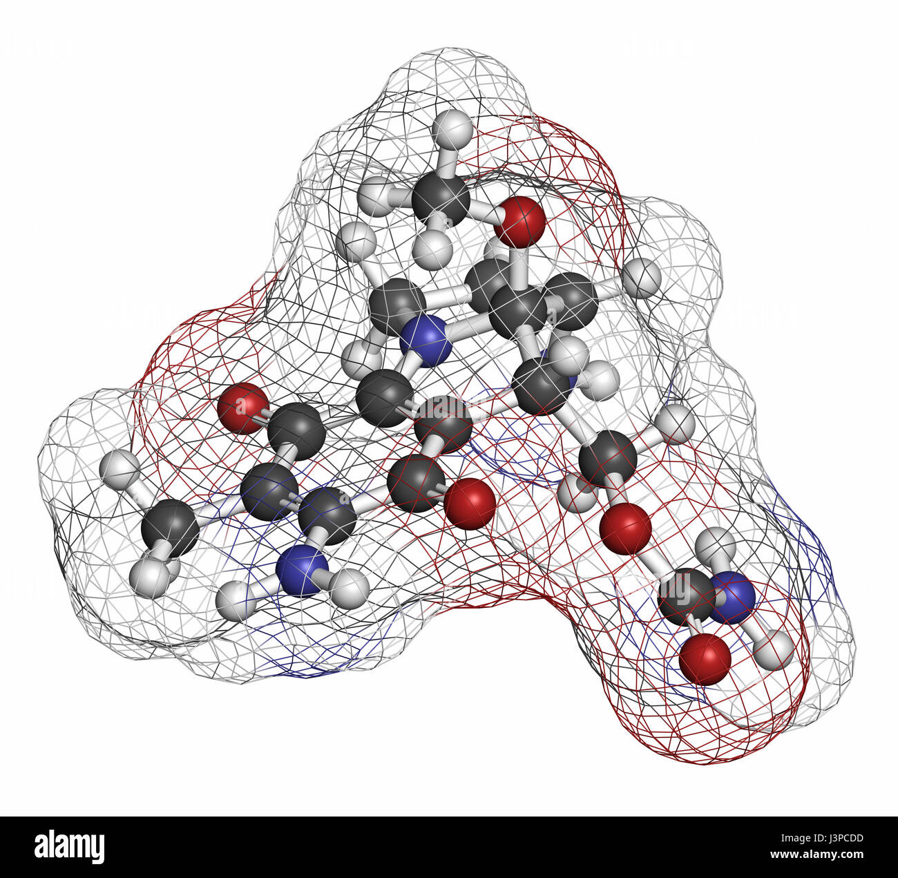 Mitomycin C cancer drug molecule. Atoms are represented as spheres with ...
