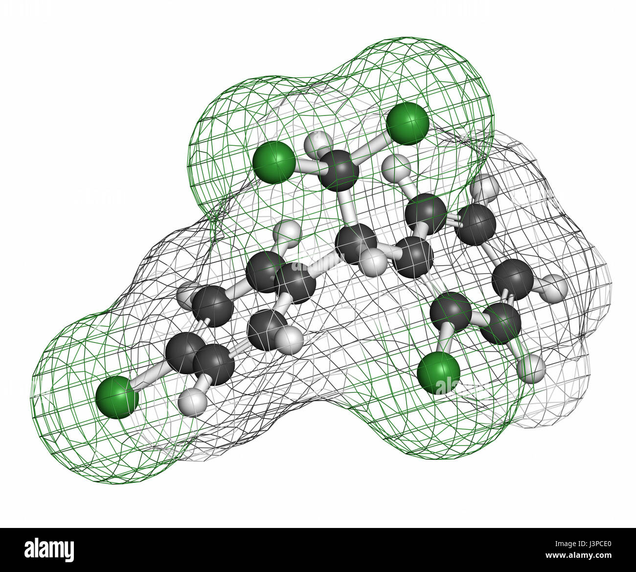 Mitotane cancer drug molecule. Atoms are represented as spheres with ...