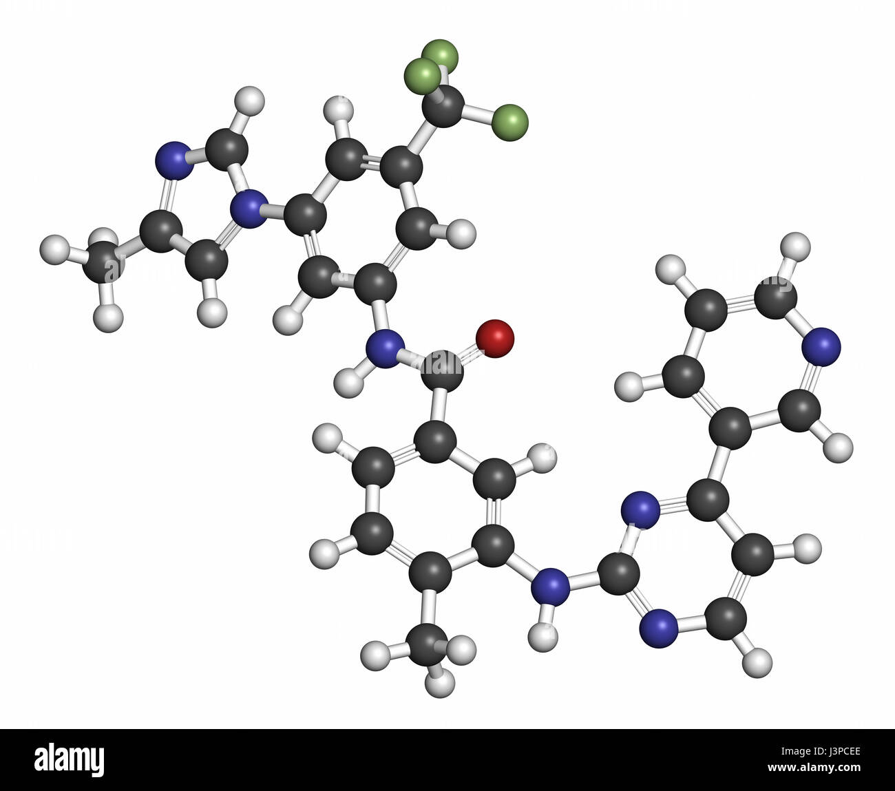Nilotinib cancer drug molecule (tyrosine kinase inhibitor). Atoms are ...