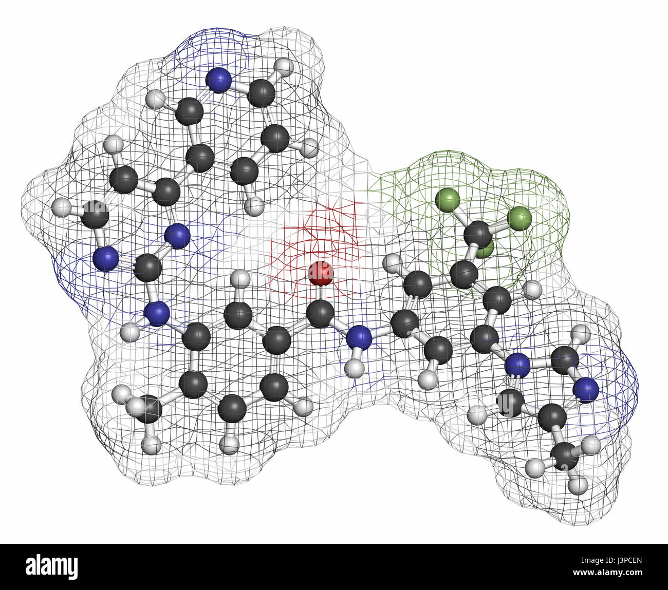 Nilotinib cancer drug molecule (tyrosine kinase inhibitor). Atoms are ...
