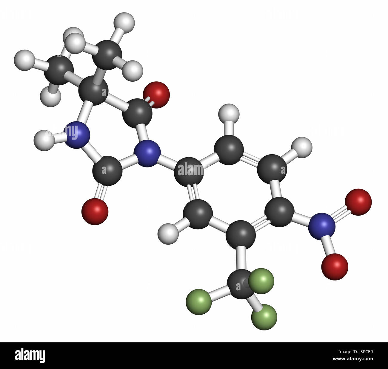Nilutamide prostate cancer drug molecule (antiandrogen). Atoms are ...