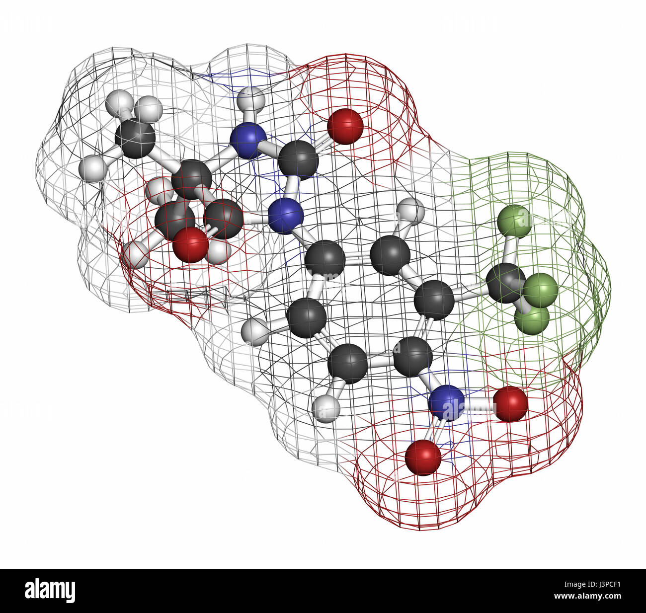 Nilutamide prostate cancer drug molecule (antiandrogen). Atoms are ...