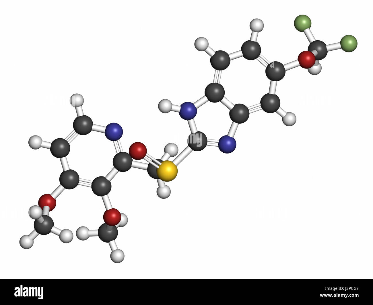 Pantoprazole gastric ulcer drug molecule (proton pump inhibitor). Atoms ...