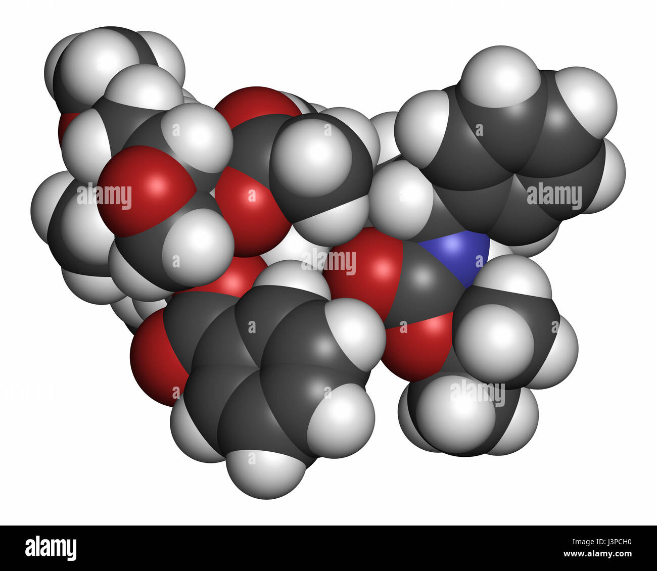 Cabazitaxel cancer drug molecule (taxane). Atoms are represented as ...