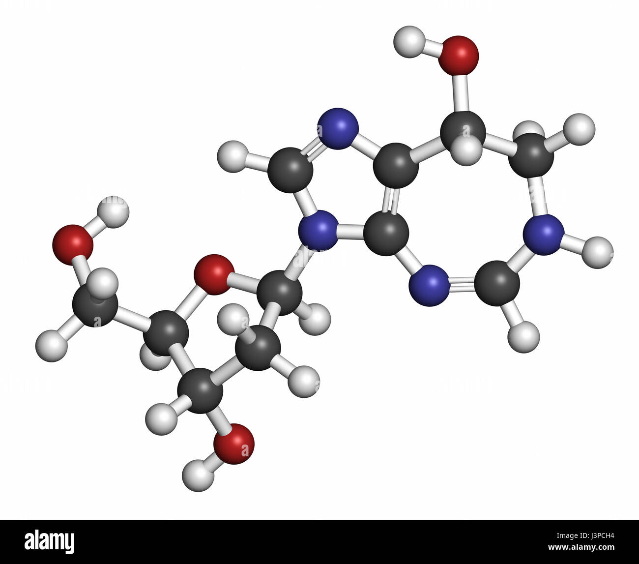Pentostatin cancer drug molecule. Atoms are represented as spheres with ...