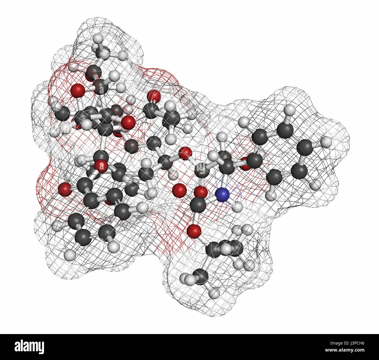 Cabazitaxel cancer drug molecule (taxane). Atoms are represented as ...