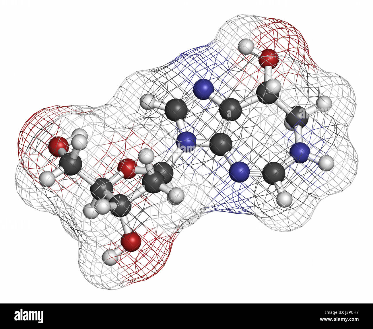Pentostatin cancer drug molecule. Atoms are represented as spheres with ...