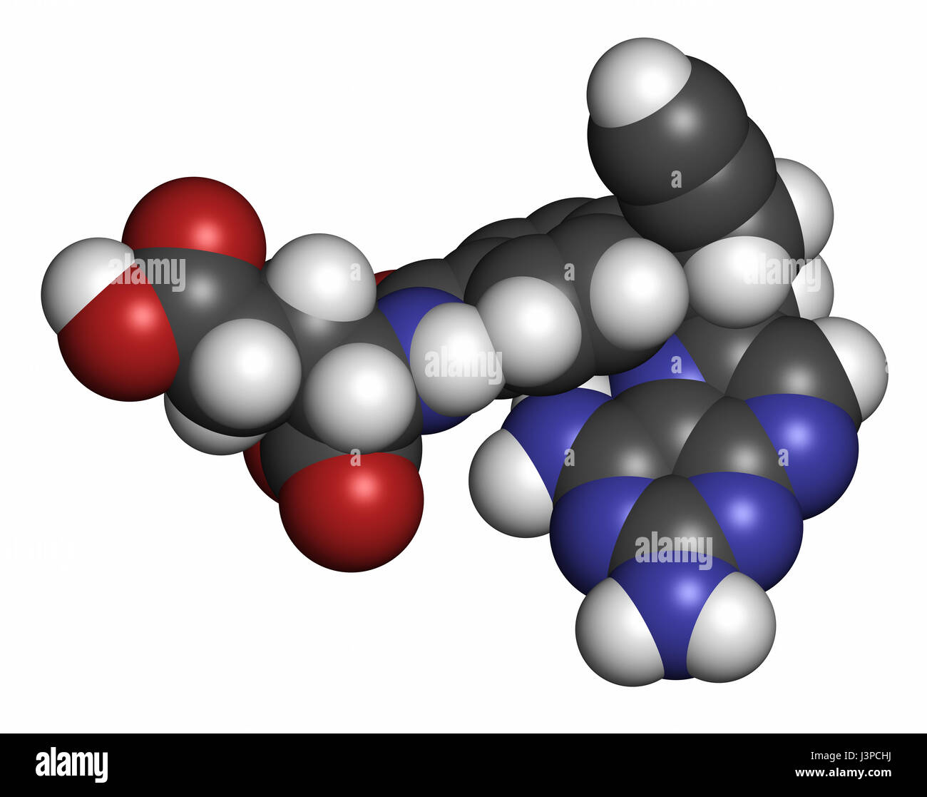 Pralatrexate cancer drug molecule (antifolate class). Atoms are ...