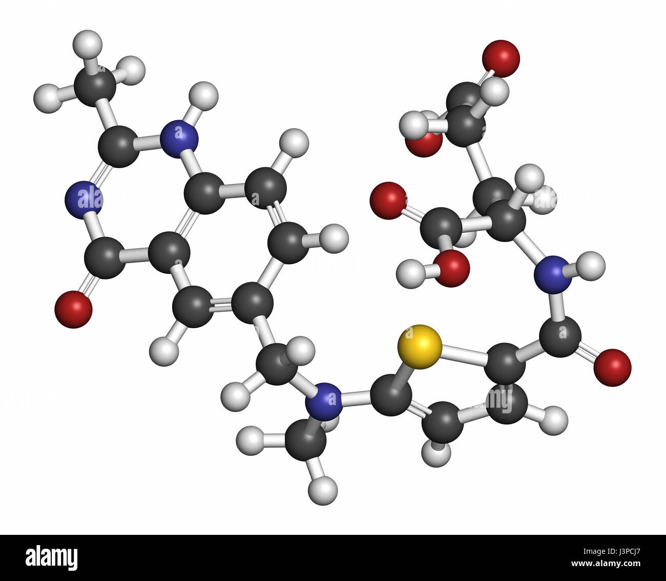 Raltitrexed cancer chemotherapy drug molecule. Atoms are represented as ...