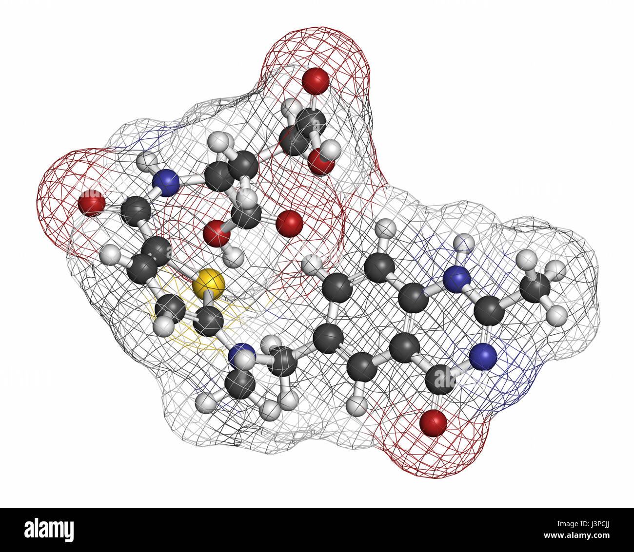 Raltitrexed cancer chemotherapy drug molecule. Atoms are represented as ...