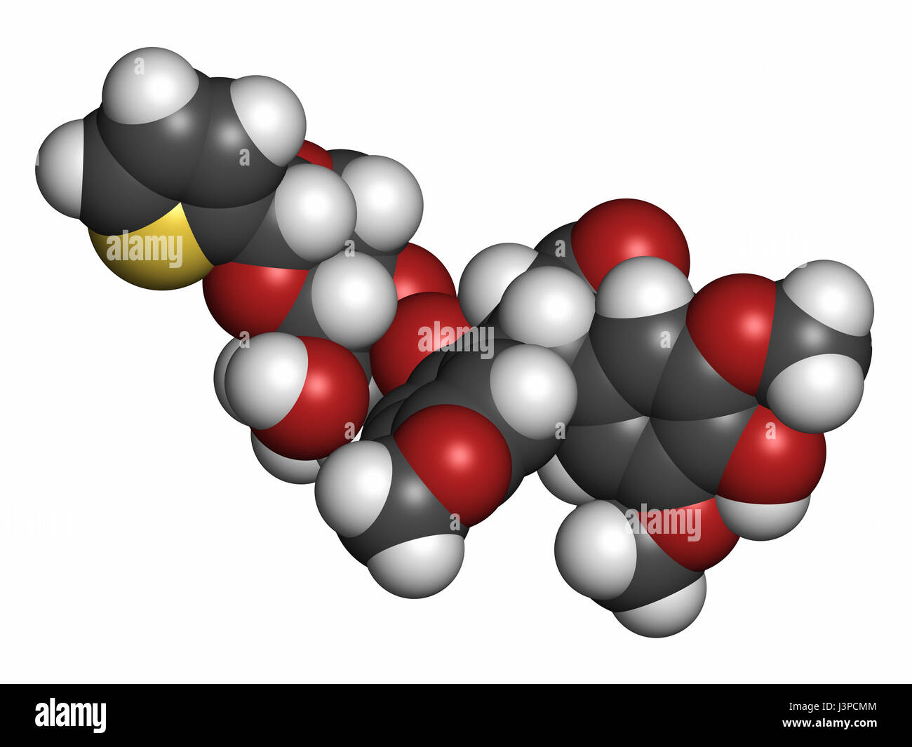 Teniposide cancer drug molecule (topoisomerase II inhibitor). Atoms are ...