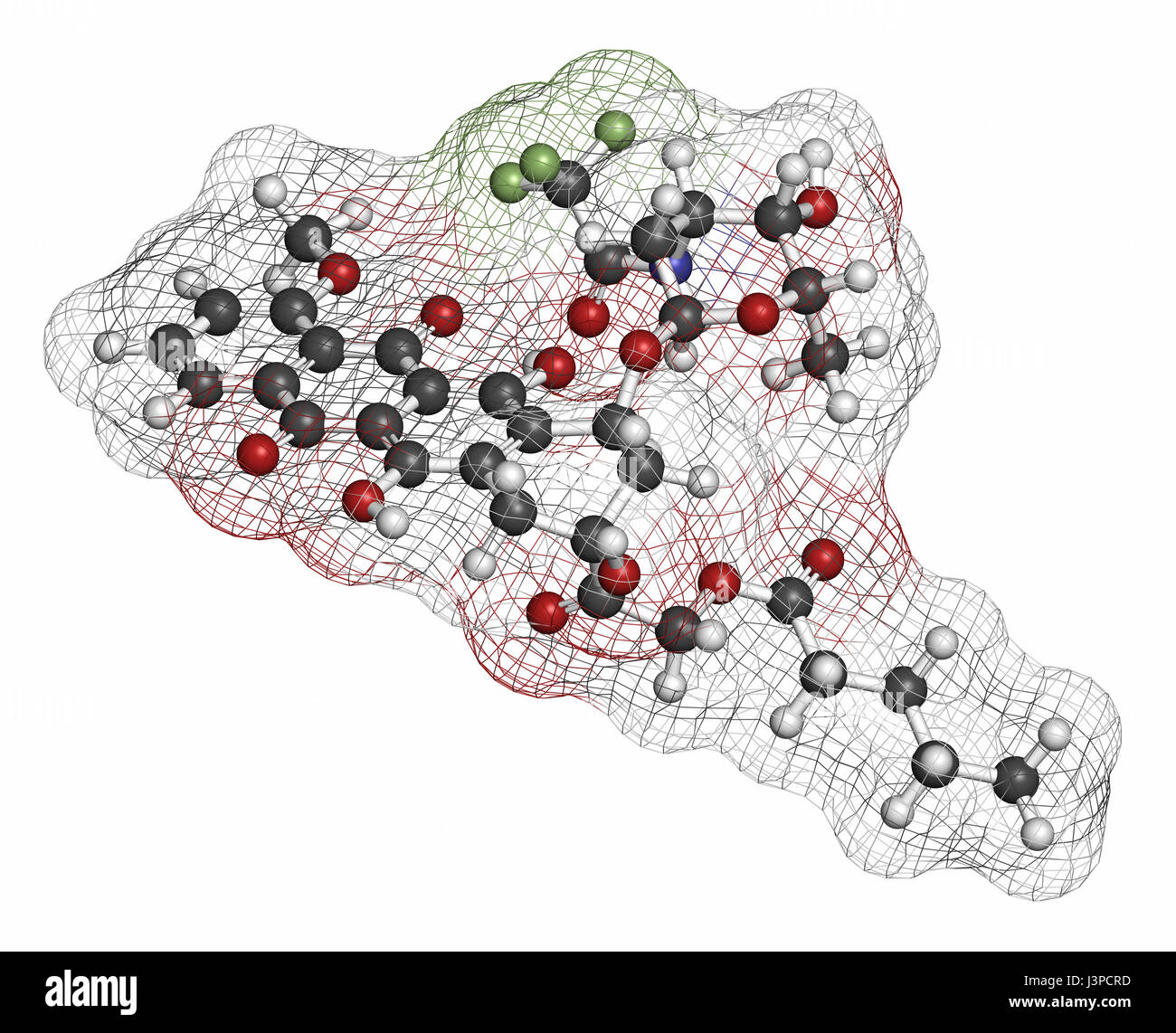 Valrubicin bladder cancer drug molecule. Atoms are represented as ...