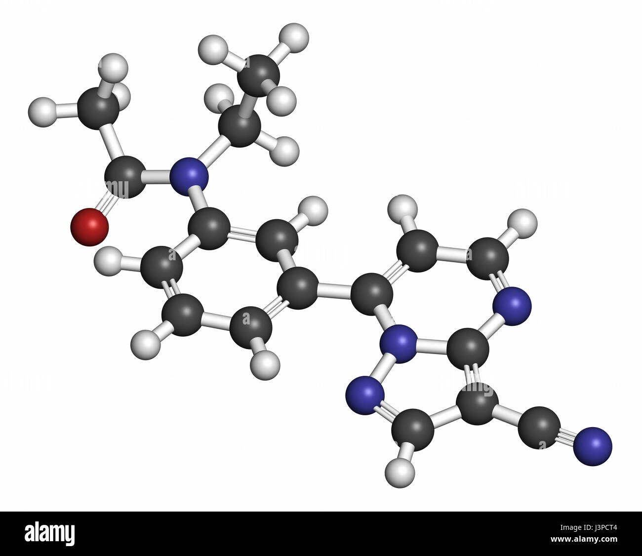 Zaleplon hypnotic drug molecule (sleeping pill). Atoms are represented ...