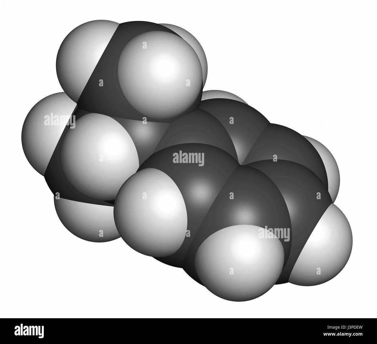 Cumene (isopropylbenzene) aromatic hydrocarbon molecule. Atoms are ...
