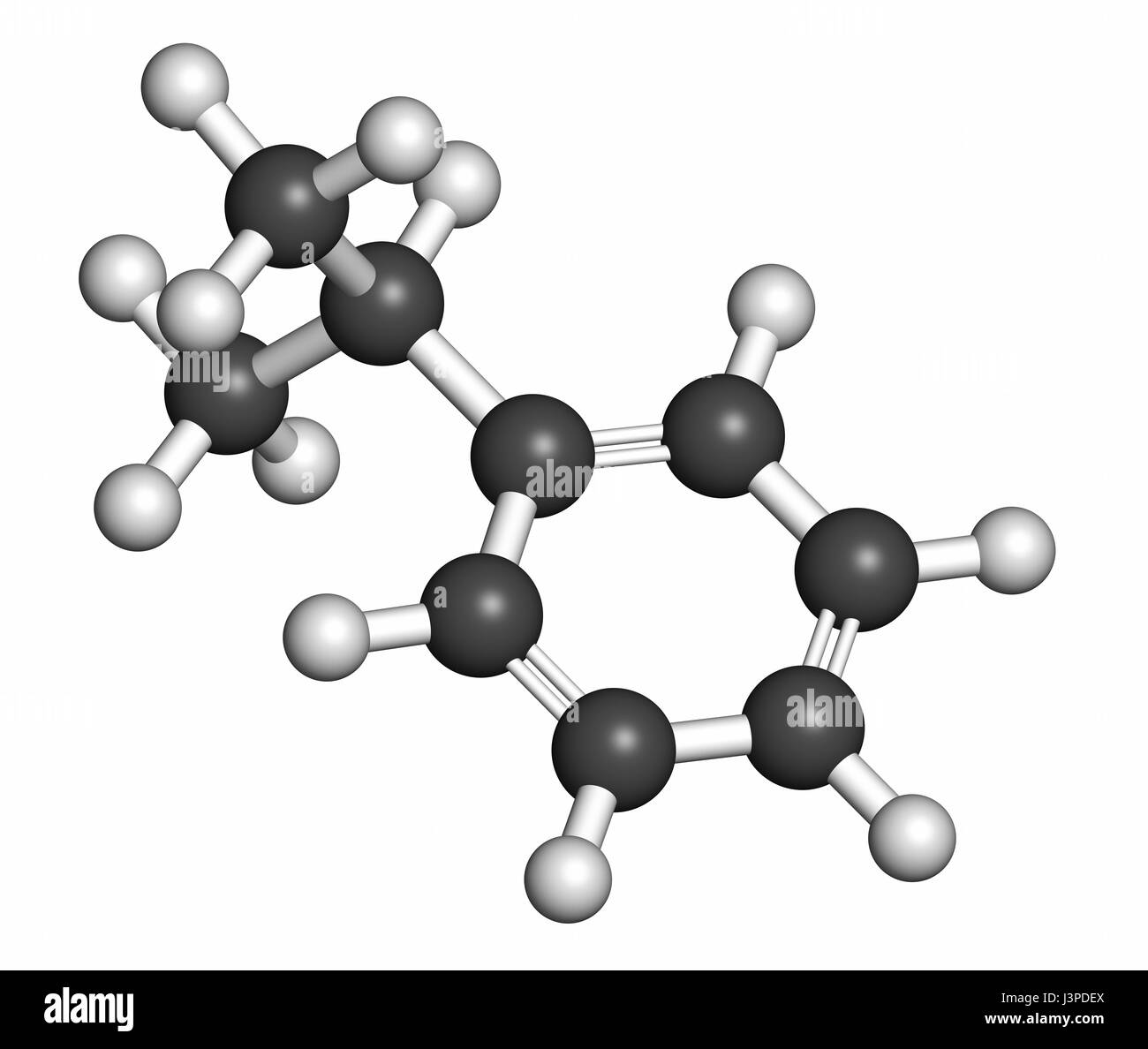 Cumene (isopropylbenzene) aromatic hydrocarbon molecule. Atoms are ...
