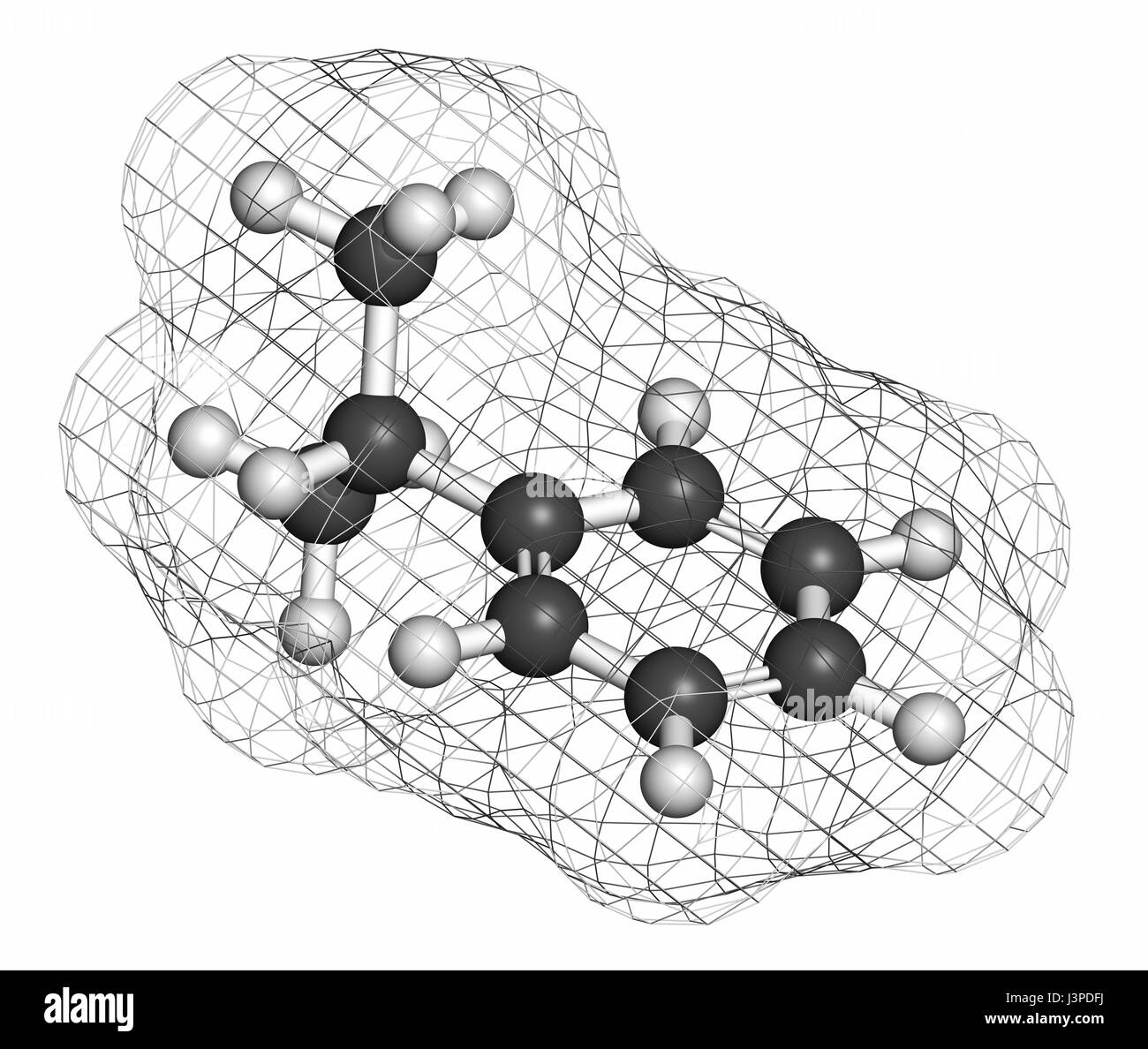 Cumene (isopropylbenzene) aromatic hydrocarbon molecule. Atoms are ...
