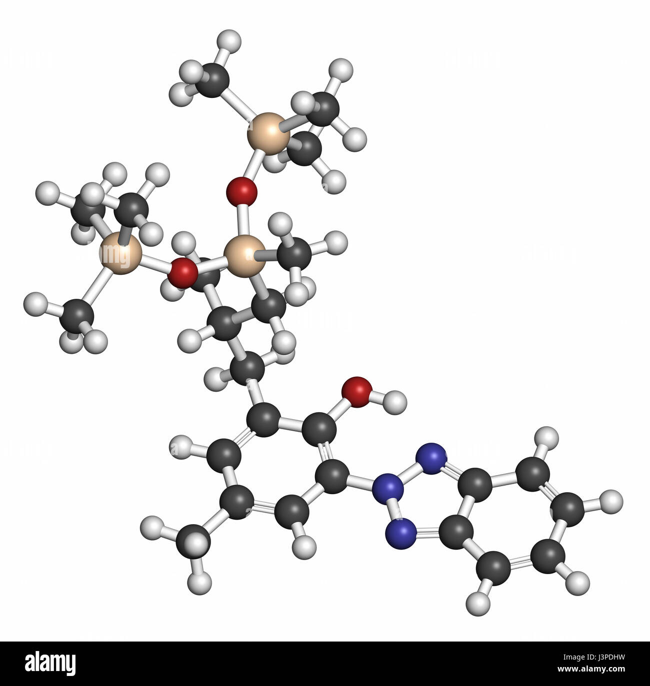Drometrizole trisiloxane sunscreen molecule (UV filter). Atoms are ...