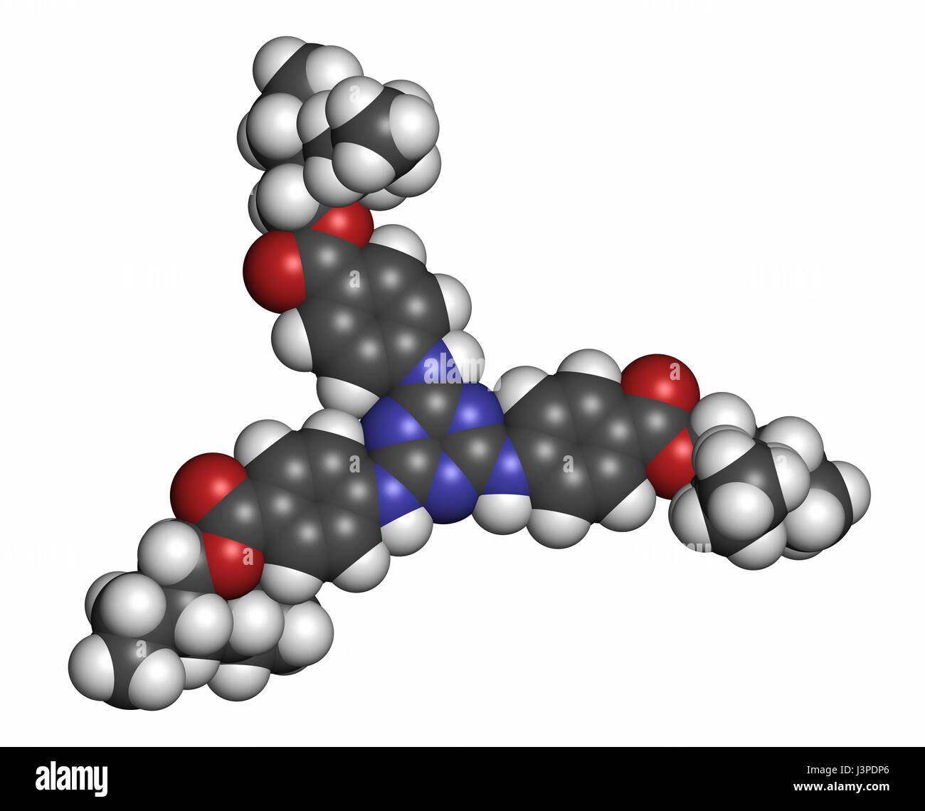 Ethylhexyl triazone sunscreen molecule (UV filter). Atoms are ...