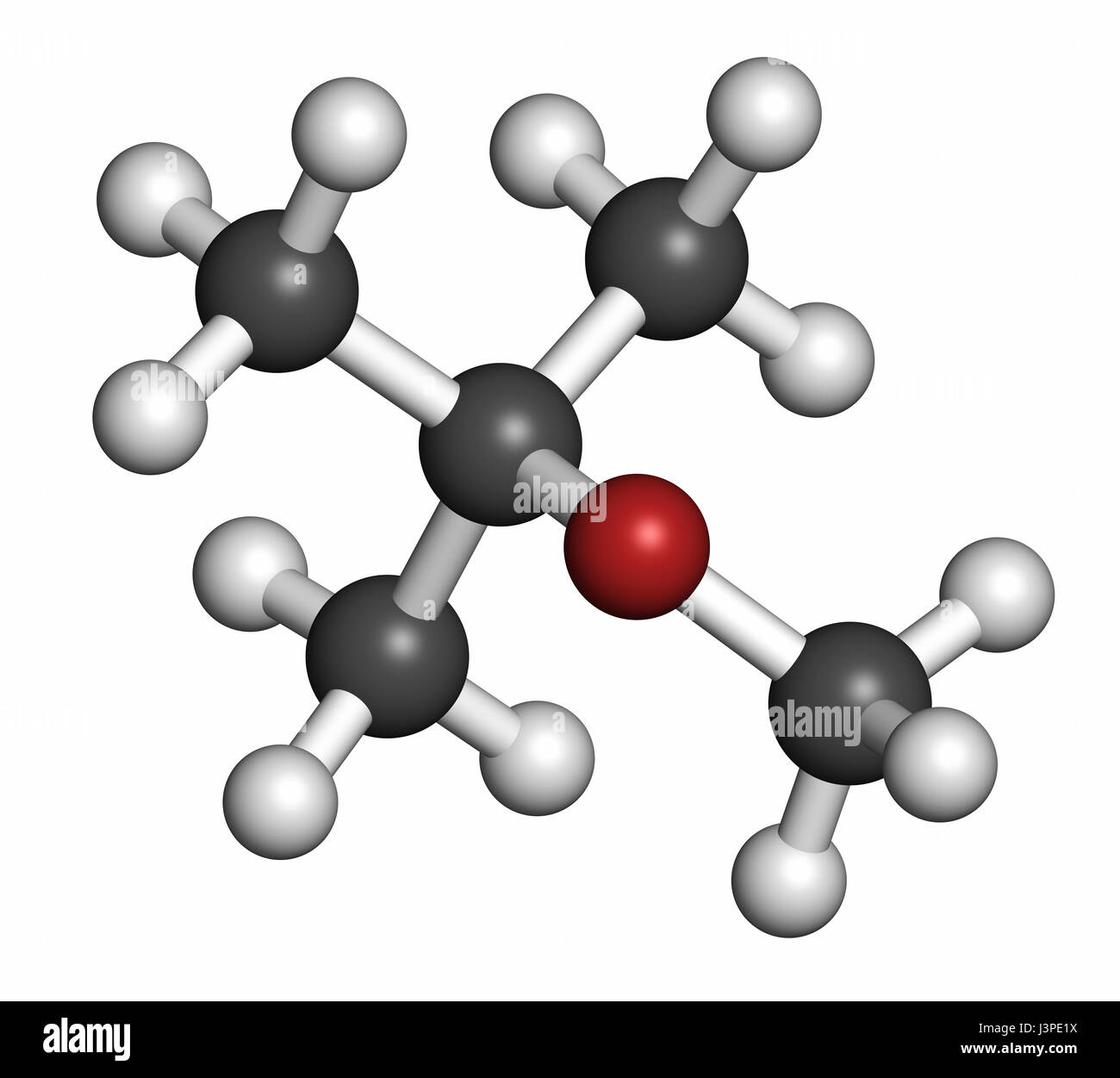 Methyl tert-butyl ether (MTBE, tBME) gasoline additive molecule. Atoms ...