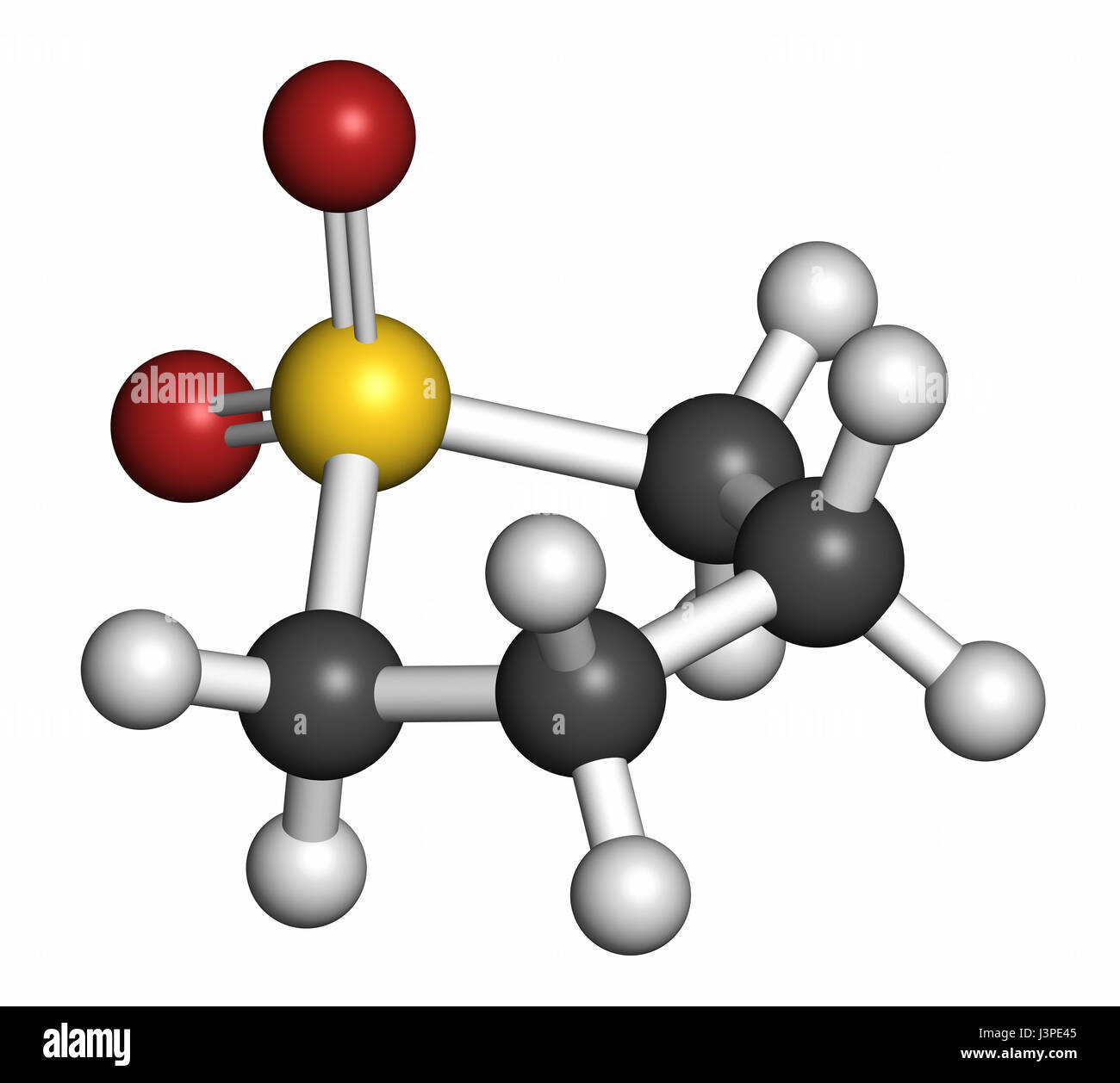 Sulfolane industrial solvent molecule. Atoms are represented as spheres ...